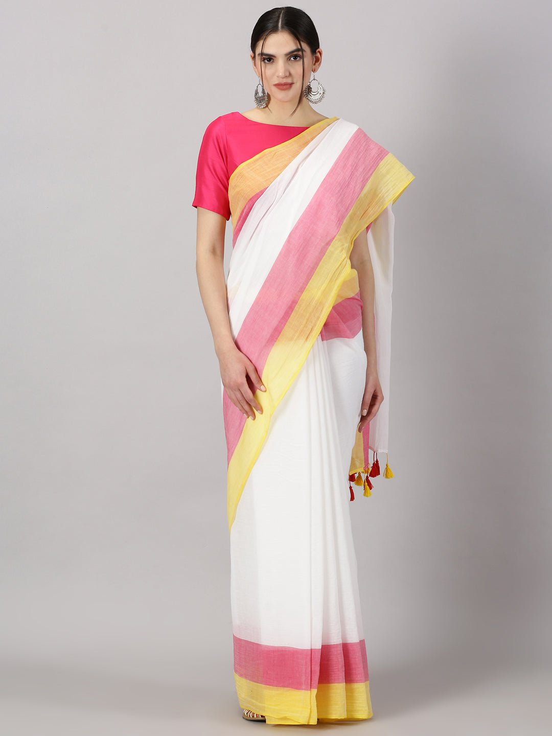 White Mul Mul Cotton Saree with Tassels – Weaves of Tradition