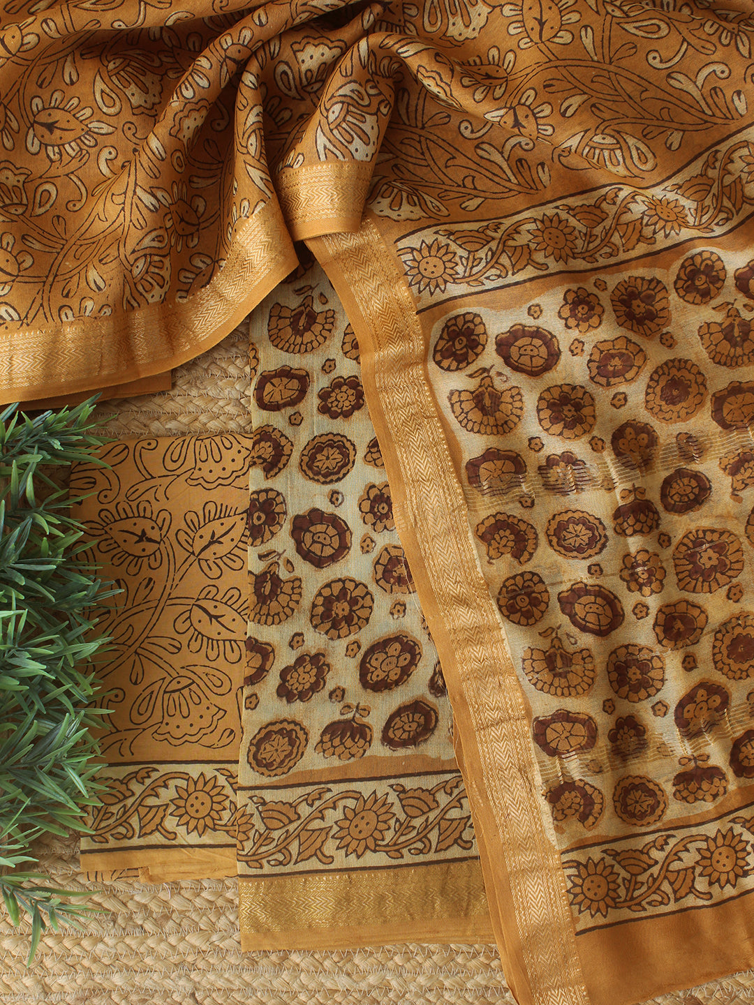 Mustard Bagru Hand Block Printed Maheshwari Dress Material – Weaves of ...