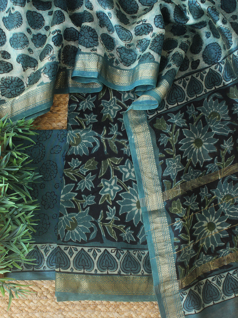 Black and Indigo Bagru Hand Block Printed Maheshwari Dress Material ...