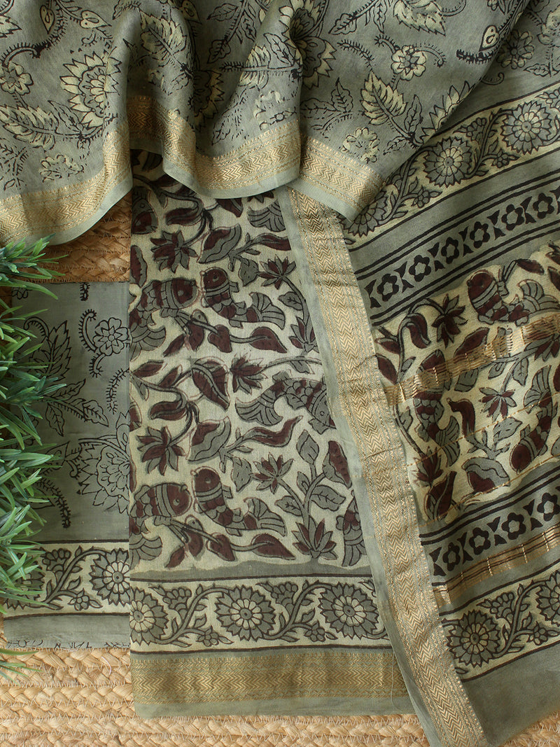 Off-White and Grey Bagru Hand Block Printed Maheshwari Dress Material ...