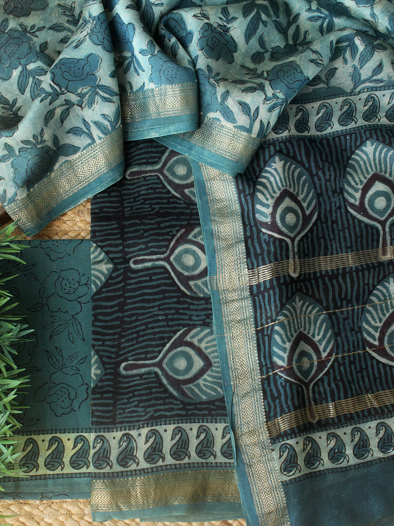 Black and Indigo Bagru Hand Block Printed Maheshwari Dress Material ...