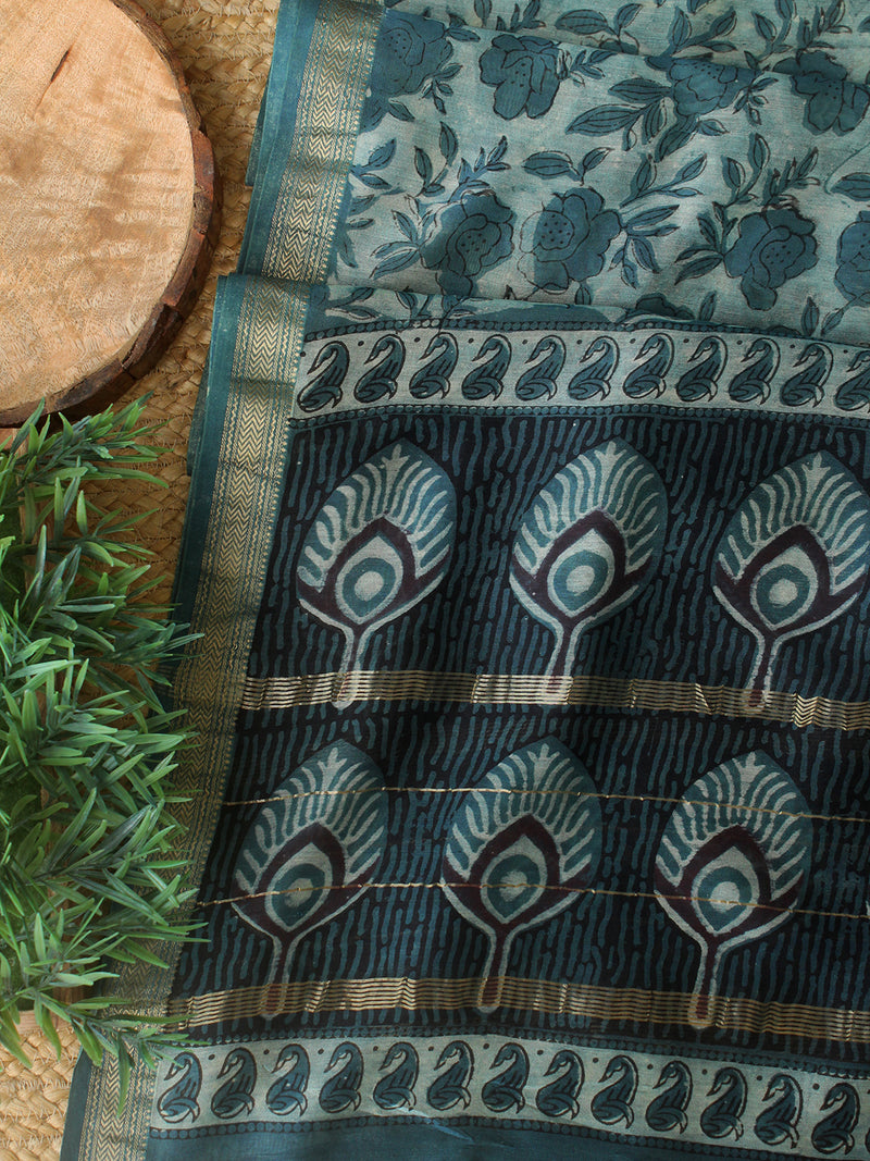 Black and Indigo Bagru Hand Block Printed Maheshwari Dress Material ...