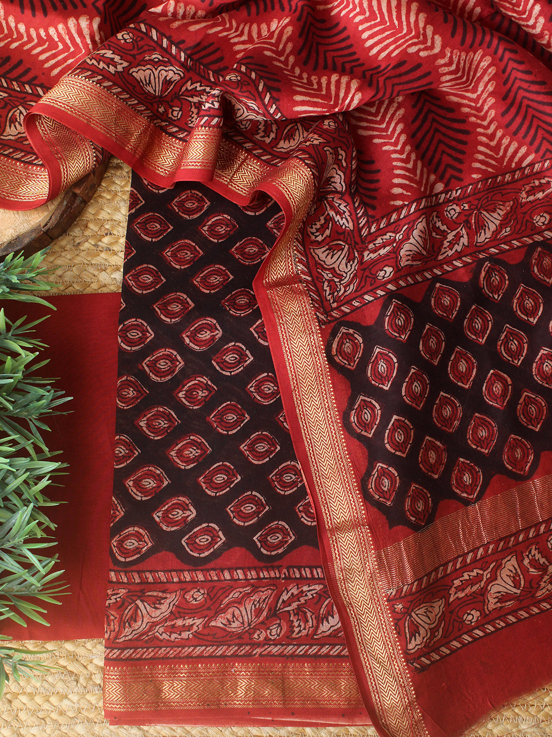 Black and Maroon Bagru Hand Block Printed Maheshwari Dress Material ...