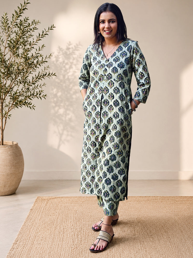 Amaya Vanaspati Hand Block Printed Pure Cotton Straight Fit Coord Set ...