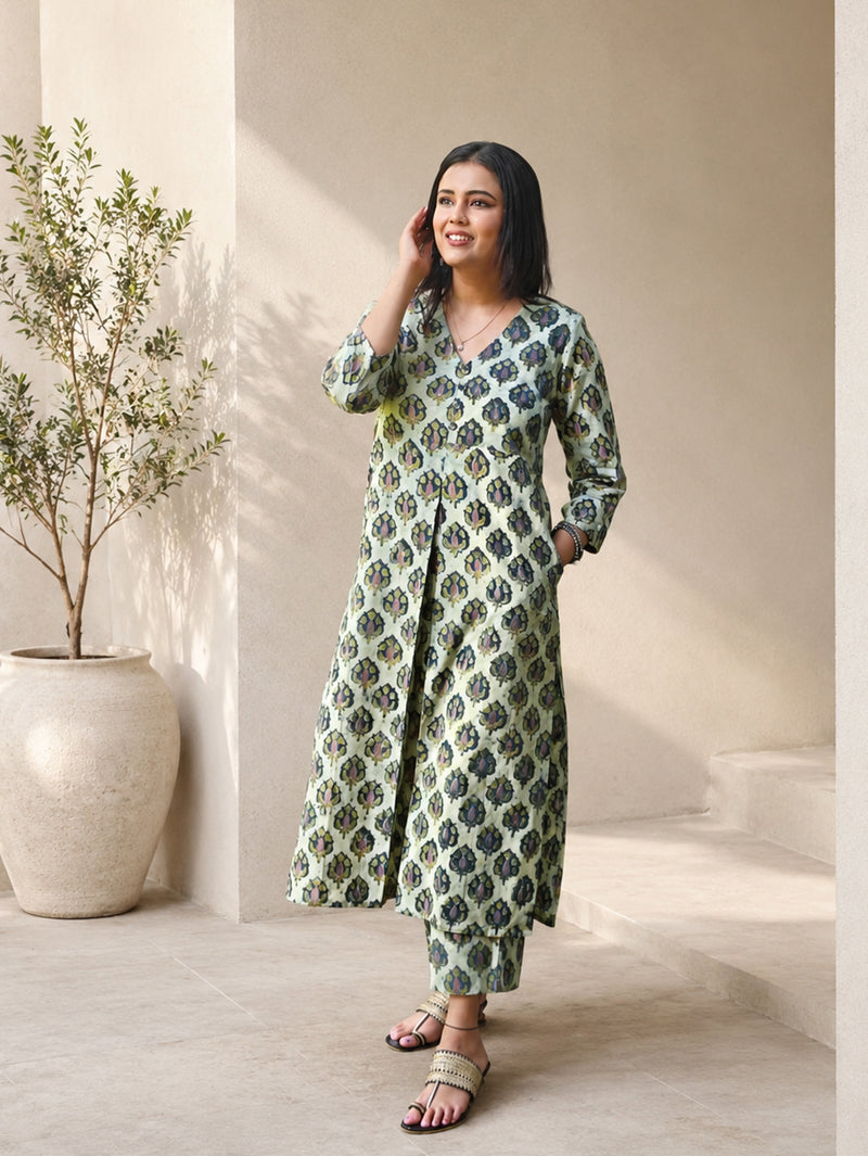 Amaya Vanaspati Hand Block Printed Pure Cotton Straight Fit Coord Set ...