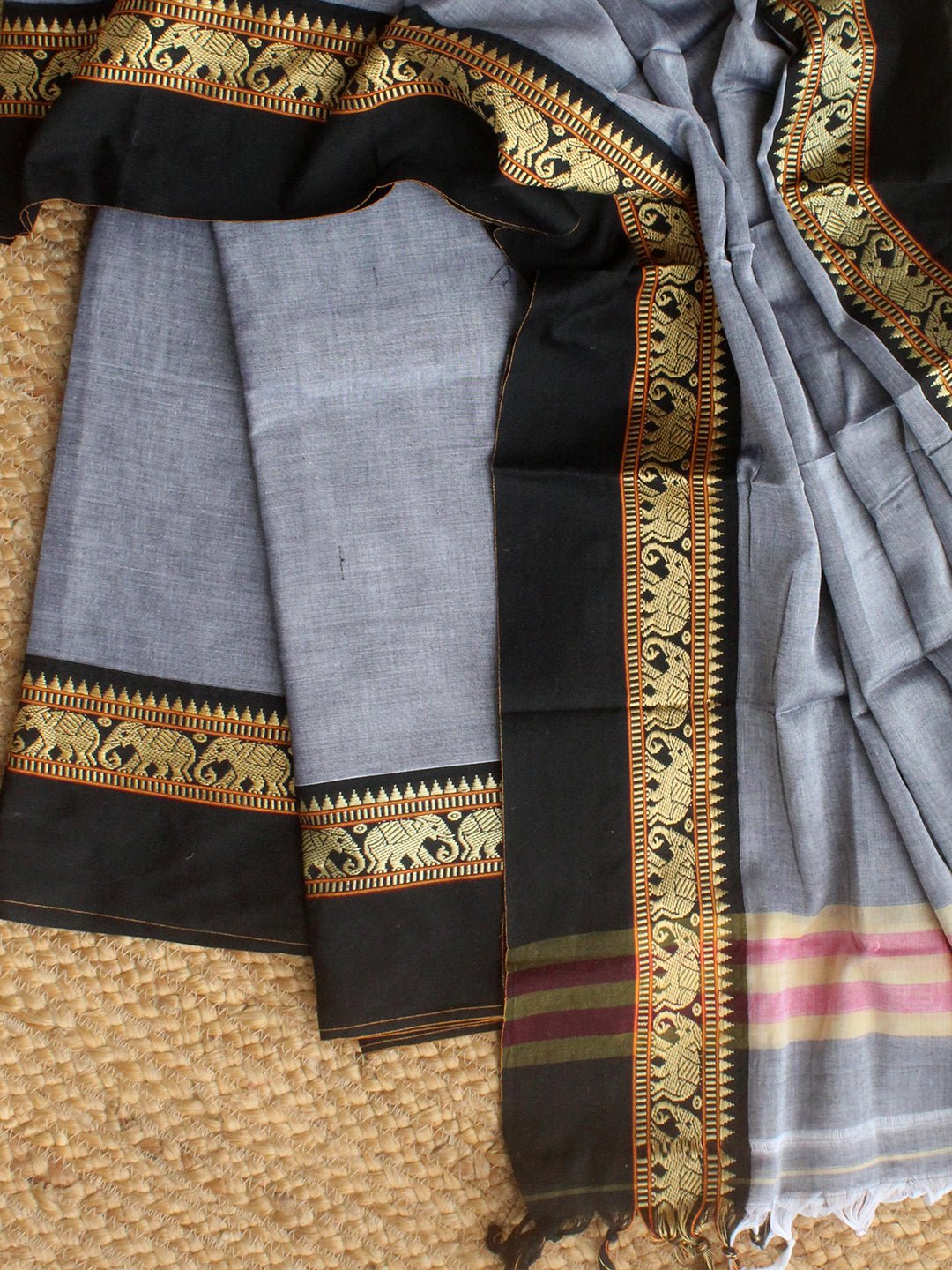 Grey Dharwad Cotton Dress Material With Elephant Borders – Weaves of ...