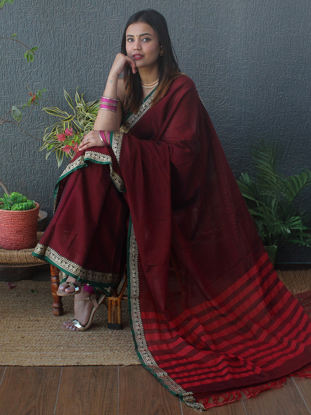 Maroon Narayanpet Mercerized Cotton Saree – Weaves of Tradition