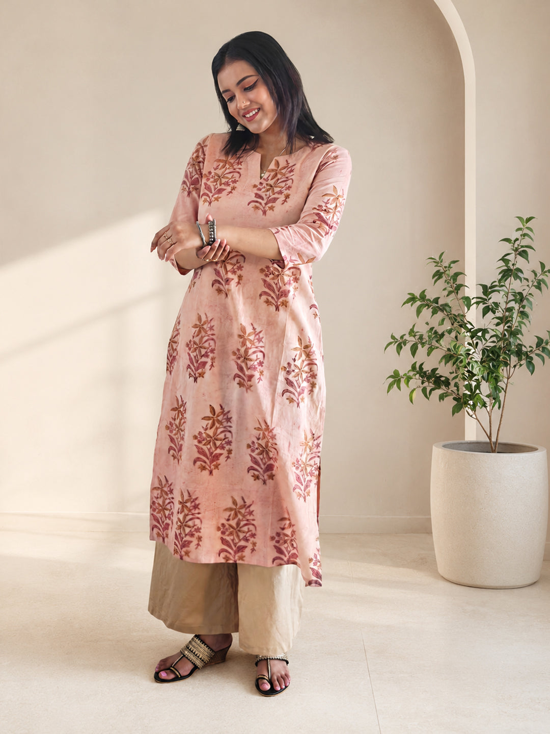 Peony Vanaspati Hand Block Printed Pure Cotton Straight Fit Kurta ...