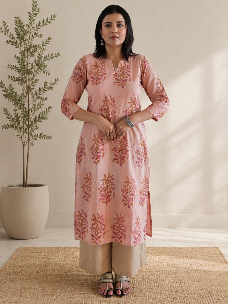 Peony Vanaspati Hand Block Printed Pure Cotton Straight Fit Kurta ...