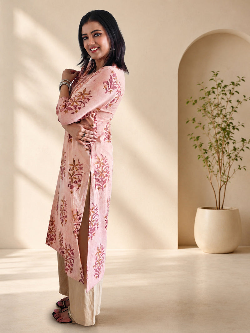 Peony Vanaspati Hand Block Printed Pure Cotton Straight Fit Kurta ...