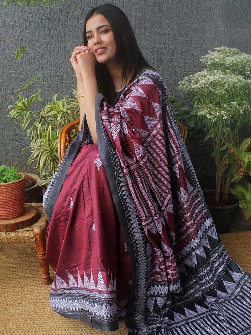 Maroon and Grey Kantha Hand Embroidered Tussar Silk Saree – Weaves of ...