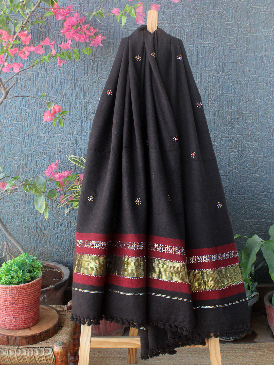 Brown Bhujodi Handloom Acrylic Wool Jamkhambaliya Shawl With Mirror Wo ...