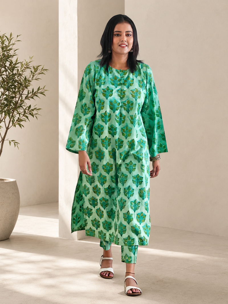 Vana Vanaspati Hand Block Printed Pure Cotton Straight Fit Coord Set ...