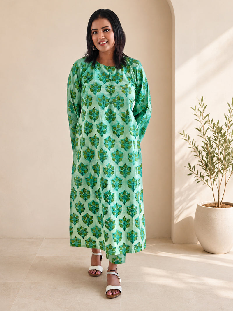 Vana Vanaspati Hand Block Printed Pure Cotton Straight Fit Coord Set ...
