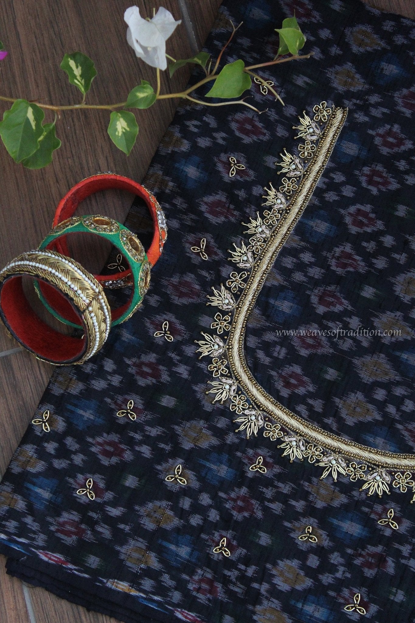 Black Ikkat Hand Embroidered Raw Silk Blouse Piece – Weaves of Tradition
