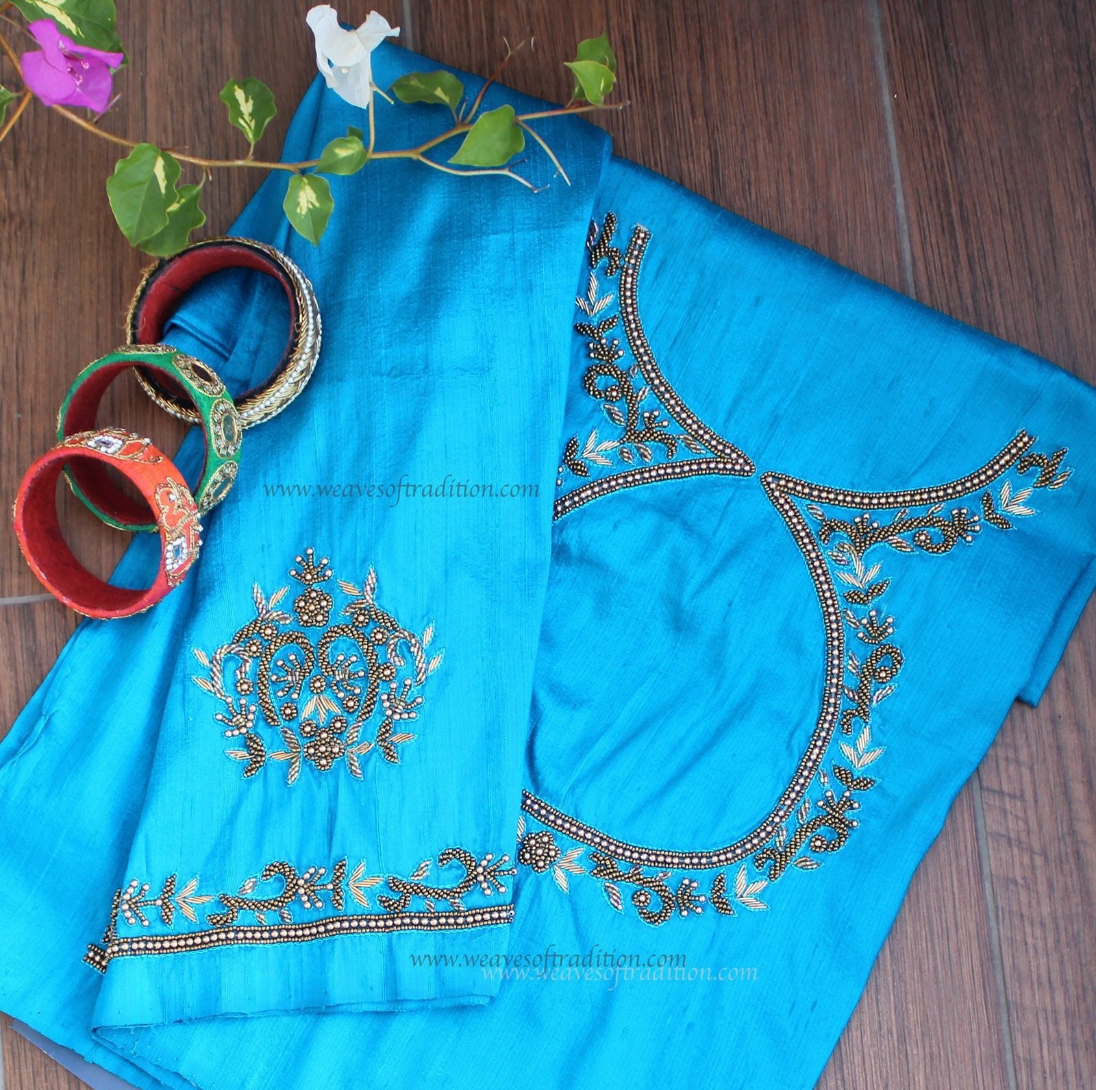 Firozi Blue Hand Embroidered Raw Silk Blouse Piece – Weaves of Tradition