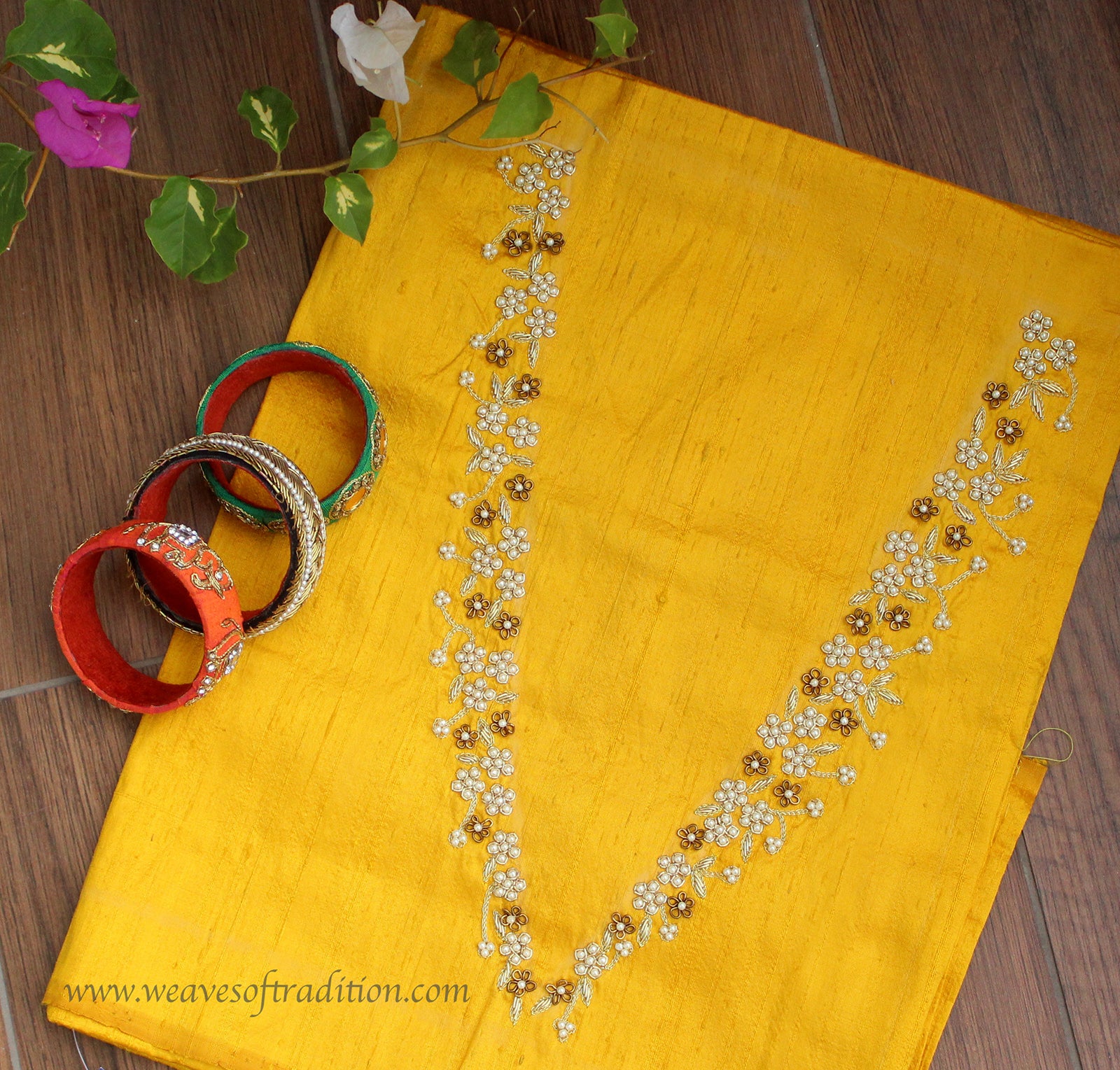 Yellow Hand Embroidered Raw Silk Blouse Piece – Weaves of Tradition