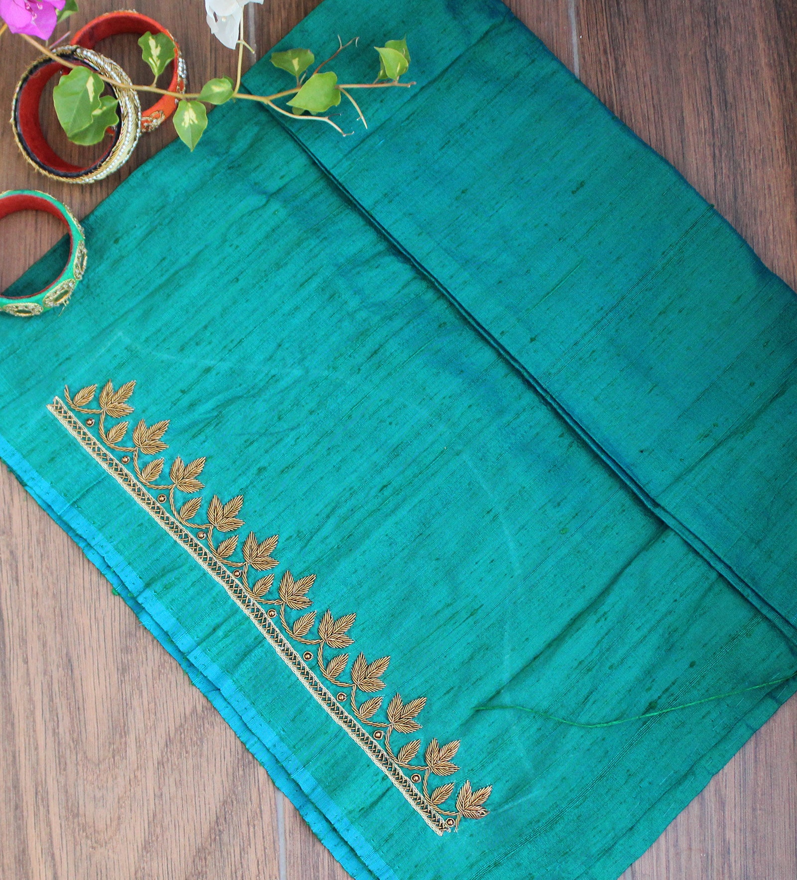 Teal Hand Embroidered Raw Silk Blouse Piece – Weaves of Tradition