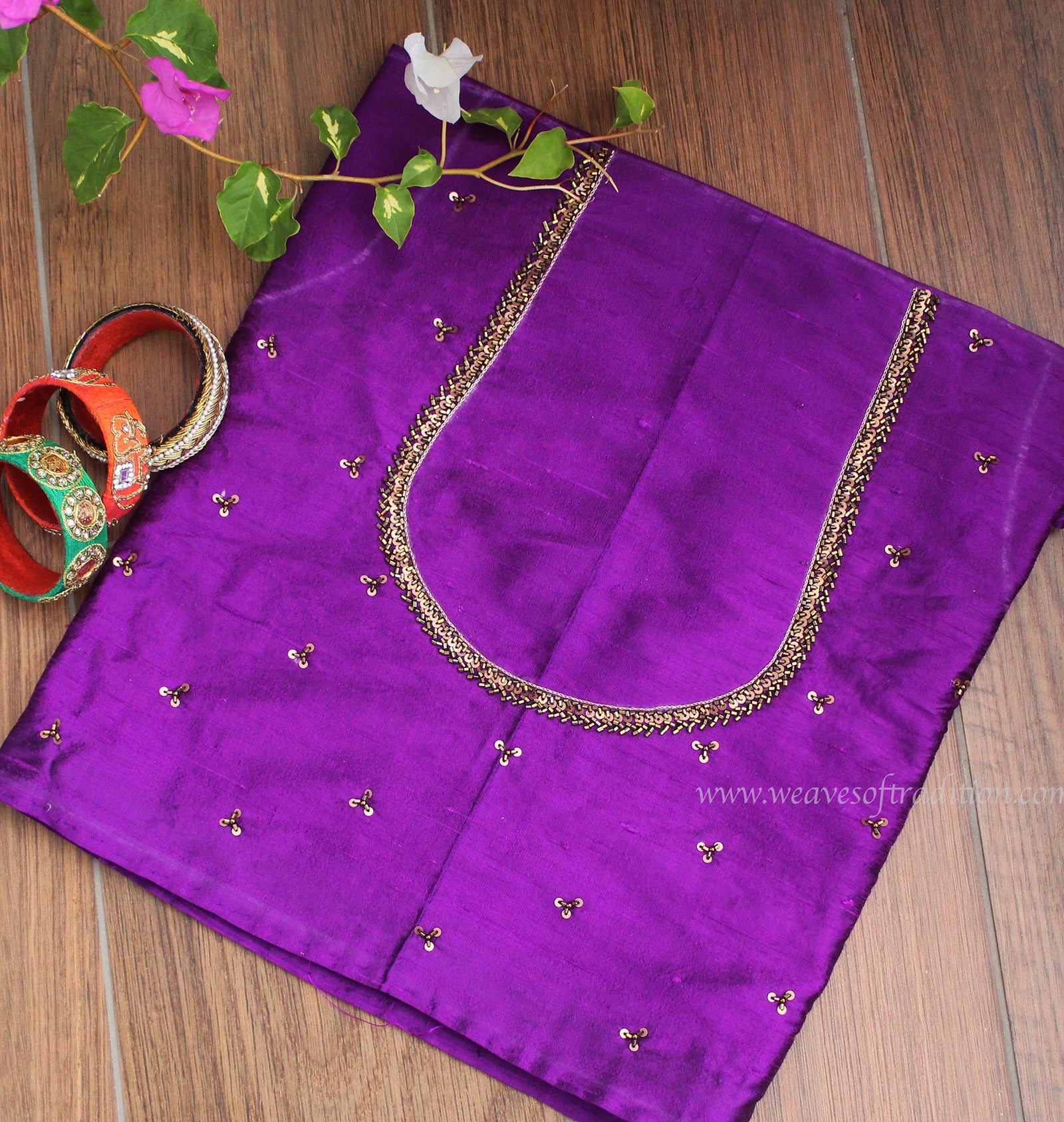 Purple Hand Embroidered Raw Silk Blouse Piece – Weaves of Tradition