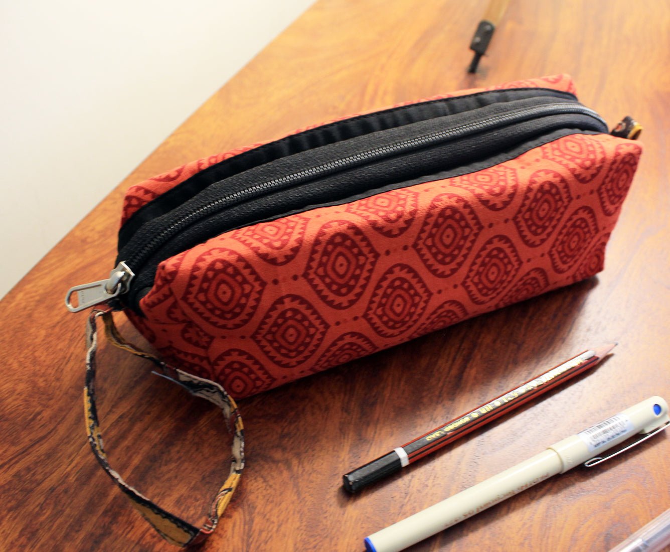 Orange Hand Block Printed Cotton Pen Pouch – Weaves of Tradition